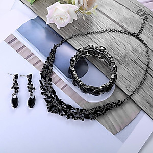 FIASASO Black Bridal Jewelry Set for Women Rhinestone Wedding Necklace Bracelet Dangle Earrings for Bride Bridesmaid Prom Jewelry Accessories