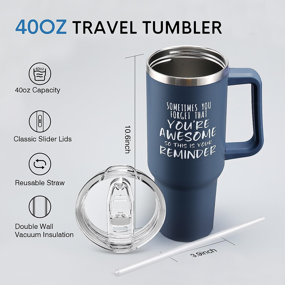 NOWWISH Inspirational Gifts for Men, Sometimes You Forget You're Awesome 40 oz Tumbler with Handle and Straw, Birthday Gifts for Him Husband Dad and Boyfriend - Navy Blue