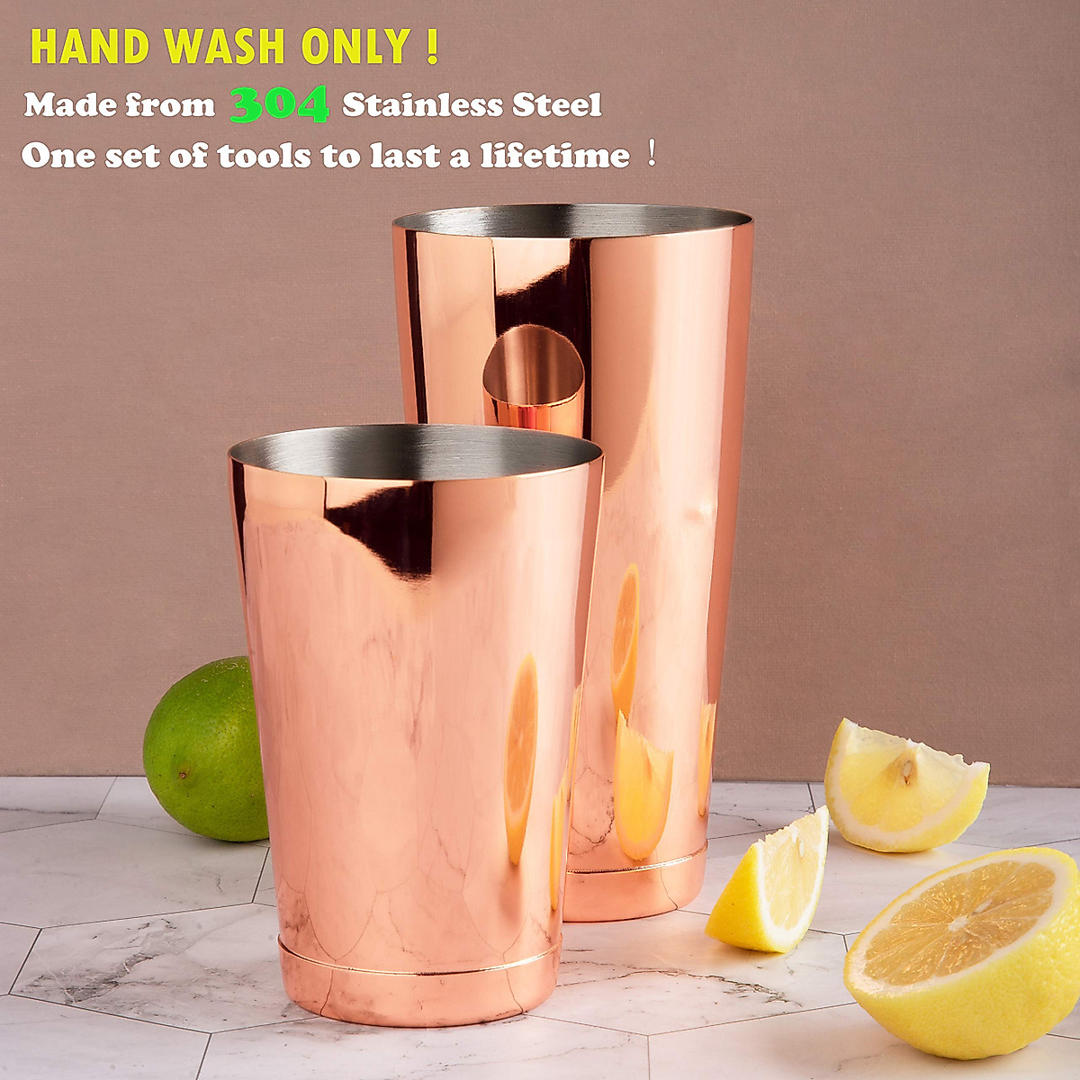 Copper Boston Cocktail Shaker Set: 2 Piece Bartender kit: 18oz & 28oz Weighted Martini Shaker Tins made from Stainless Steel 304