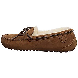 Dearfoams Women's Fireside Water Resistant Indoor/Outdoor Shearling Victoria Moccasin with Tie Slipper, Chestnut,8