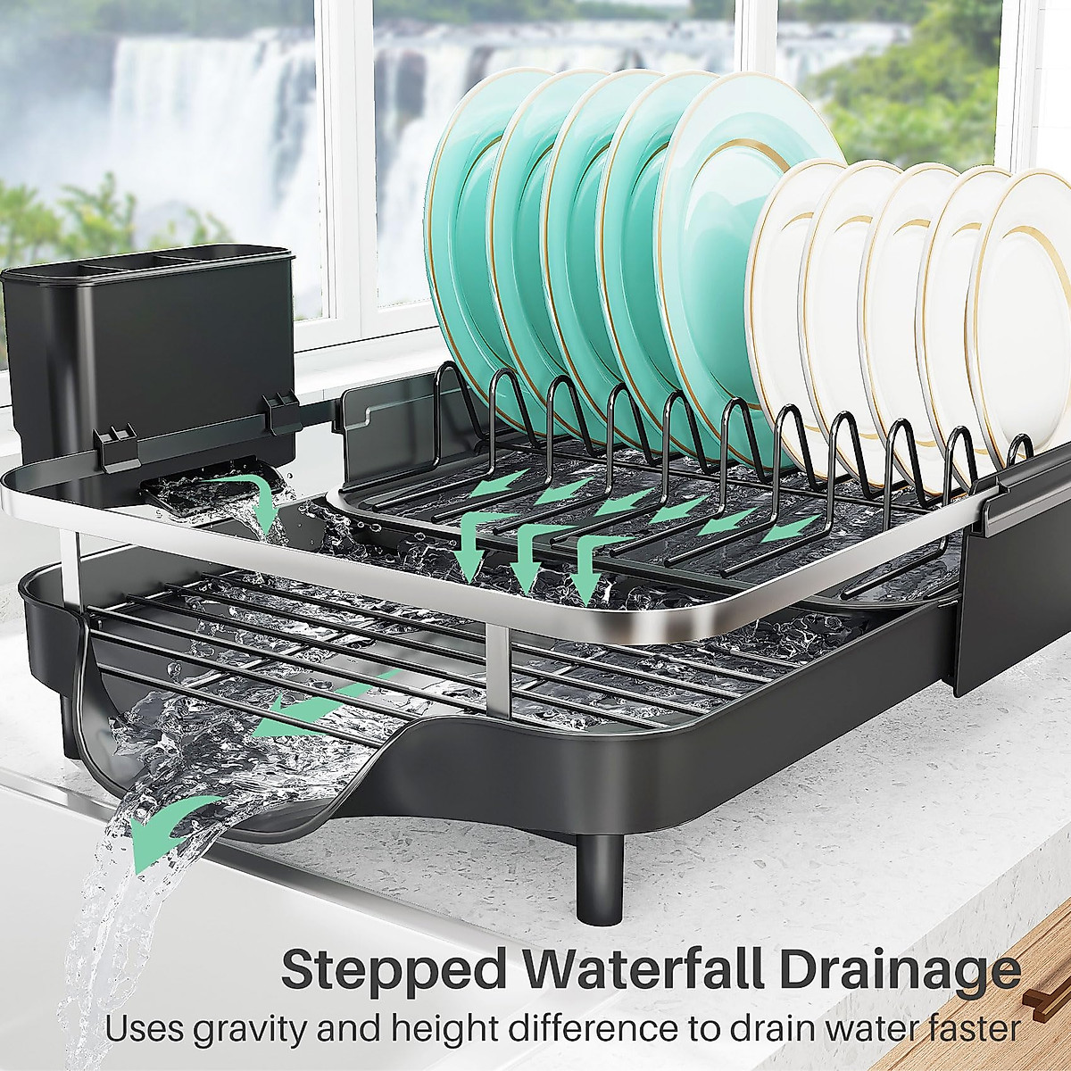 Dish Drying Rack - Extendable Dish Rack for Kitchen Counter, Saving Countertop Space Dish Drainer, Stainless Steel Kitchen Drying Rack with Cutlery Holder, 22.1''L x 12.8''W (Black)