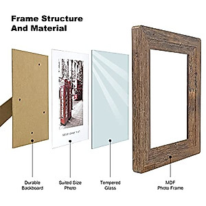 8x10 Picture Frames Set, Set of 4 Wooden Picture Frames Real Tempered Glass and Composite Wooden Rustic Rounded Corners Photo Display for Tabletop Wall Mount with Hanging Hardware and Stand (Brown)