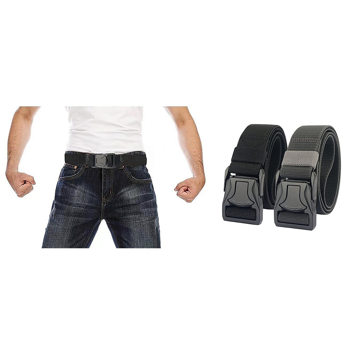 2 Pack-Metal Buckle Quick Release Outdoor Tactical Belt for Men Stretch Nylon Web Belt for Hunting Camping (BLACK+GREY)