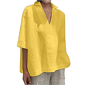 DASAYO Cute Shirts for Women Cotton Linen Tops for Women Loose Fit Casual Solid Color Elbow Sleeve Shirt Blouse Gauze Trendy Going Out V Tshirt Womens Tank Tops Dressy Casual
