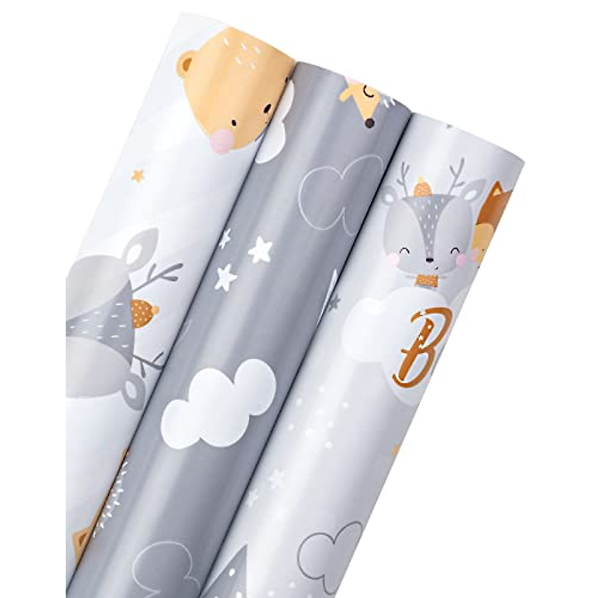 WRAPAHOLIC Reversible Baby Shower Wrapping Paper Roll - Mini Roll - 3 Rolls - 17 Inch X 120 Inch Per Roll - Cute Hedgehog, Animals & Baby Lettering