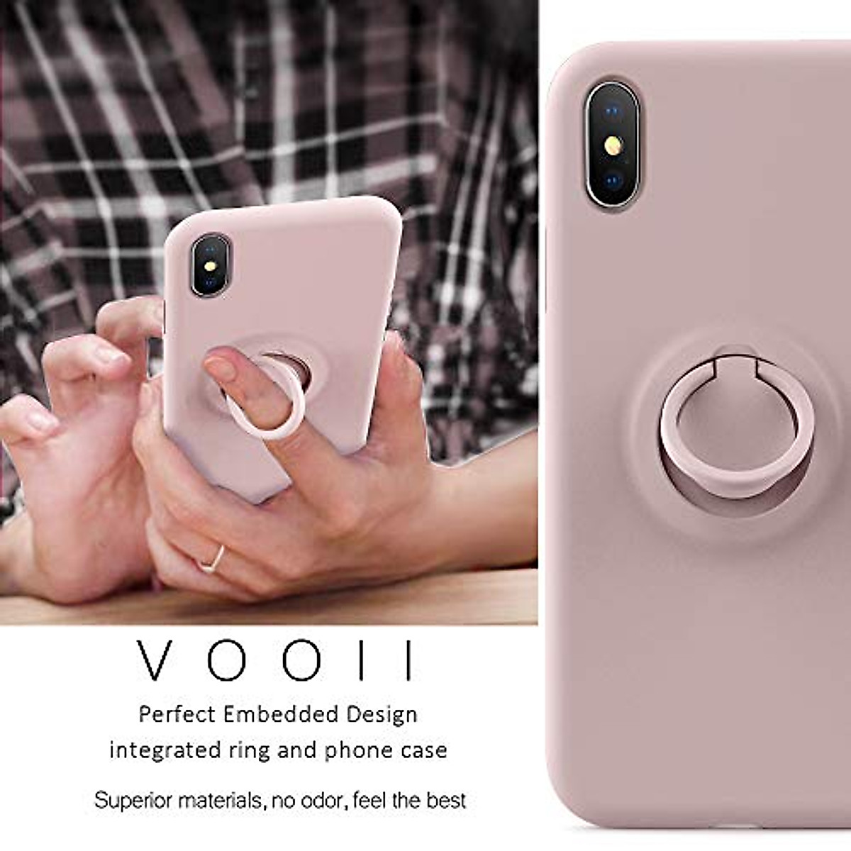 Vooii for iPhone Xs/X Case Kickstand | Baby Grade Liquid Silicone | 10ft Drop Tested Protective, Microfiber Lining Shockproof Full-Body Cover Case for iPhone Xs/X (Sand Pink)