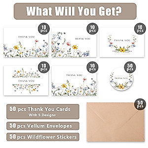 FUHITIM Thank You Cards with Envelopes(50 pack 4x6), Blank Cards with 5 Wildflower Designs, Perfect for Bridal Shower, Baby Shower, Wedding, Birthday, All Occasion