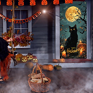 Halloween Door Cover Halloween Birthday Party Door Decorations Door scary window Banner 35.4 X 70.8 Inches Cat Theme Door Cover Halloween Birthday Decorations Sign Front Door for Halloween Party outdoor Supplies Decor (cat)