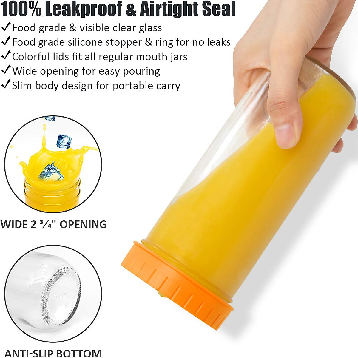 Glass Drinking Bottle Travel Drinking Jars 6 Pack, 16oz Mason Jars Regular Mouth Beverage Bottle with Airtight Lids &Straws, Reusable Water Bottle Skinny Tumbler for Juice/Smoothies,/Kombucha/Tea/Milk