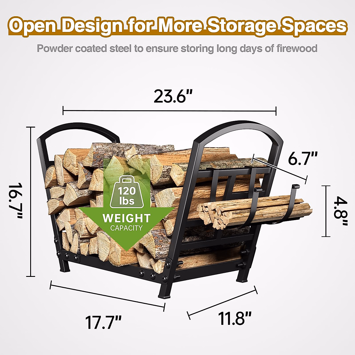 GREENER Small Firewood Rack Indoor Log Holder Wood Storage For Fireplace, Heavy Duty Metal Firewood Holder with Removable Holders, Up-Loaded to 120lb，Decor Outdoor Log Holder