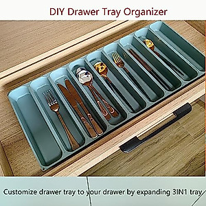TUNGTAR custom silverware drawer tray BPA Free expandable drawer organizer for utensils holder, cutlery tray, DIY organizer for silverware, flatware, knives (Gray, 10.25 * 7.65INCH 3IN1)