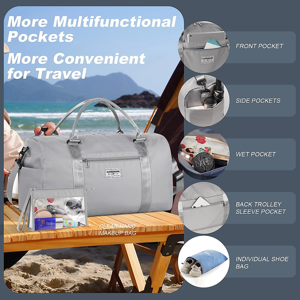 SUPROMOMI Large Travel Duffel, Sports Tote, Gym Yoga Bag - Airplane Carry-on with Extra Shoe & Small Clear Makeup Bag - Overnight Crossbody for Men & Women - Grey