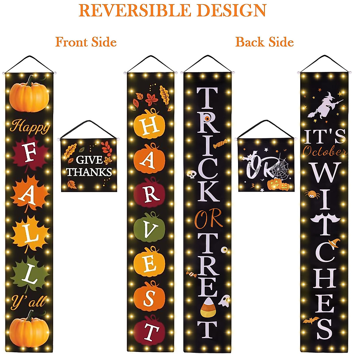 Tatuo 3 Pcs Lighted Halloween Reversible Banner Happy Fall Harvest and Halloween Trick or Treat Witches Banner Thanksgiving Day Halloween Party Porch Sign Hanging Sign for Fall Decorations Outdoor