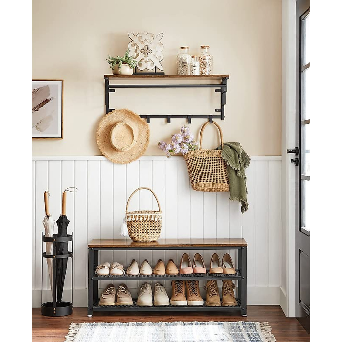 VASAGLE, 3-Tier Shoe Rack, Shelf Storage Bench with Metal Mesh Shelves and Seat, Free Standing Shoe Organizer for Entryway, 11.8 x 39.4 x 17.7 Inches, Rustic Brown and Black ULBS078B01