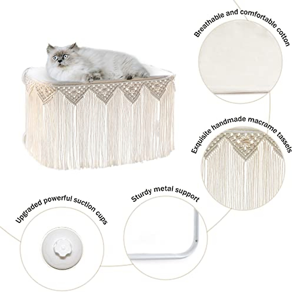 Mkono Macrame Cat Window Perch Hammock for Indoor Cats Boho Cat Window Bed with Woven Tassle Lower Iron Support Sunbathing Pet Resting Seat Safely Space Saving Swing Shelf Kitty Gift Idea