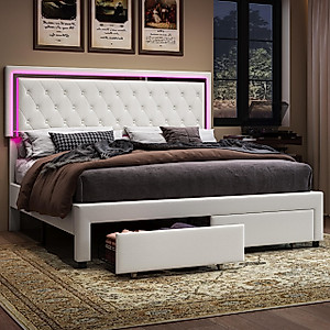 Jocisland Full Size Bed Frame with LED Lights&Storage Drawers,Velvet Upholstered Platform Bed,No Box Spring Needed,White