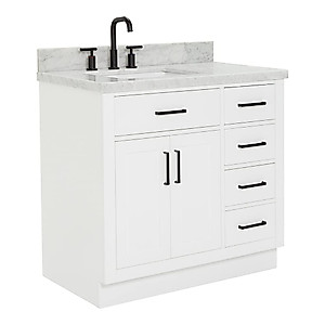 ARIEL Bathroom Vanity 37" White 1.5" Edge Italian Carrara Marble Countertop & Splash, Left Rectangular Sink, 2 Soft Closing Doors, 5 Full Extension Dovetail Drawers, Toe Kick, Matte Black