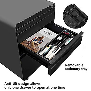 YOLEO 3 Drawer File Cabinet, Metal Filing Cabinets with Lock Wheels & Hanging Rail for A4/Legal/Letter File, Anti-tilt Under Desk Design, Lockable Rolling Mobile File Cabinet for Home Office (Black)