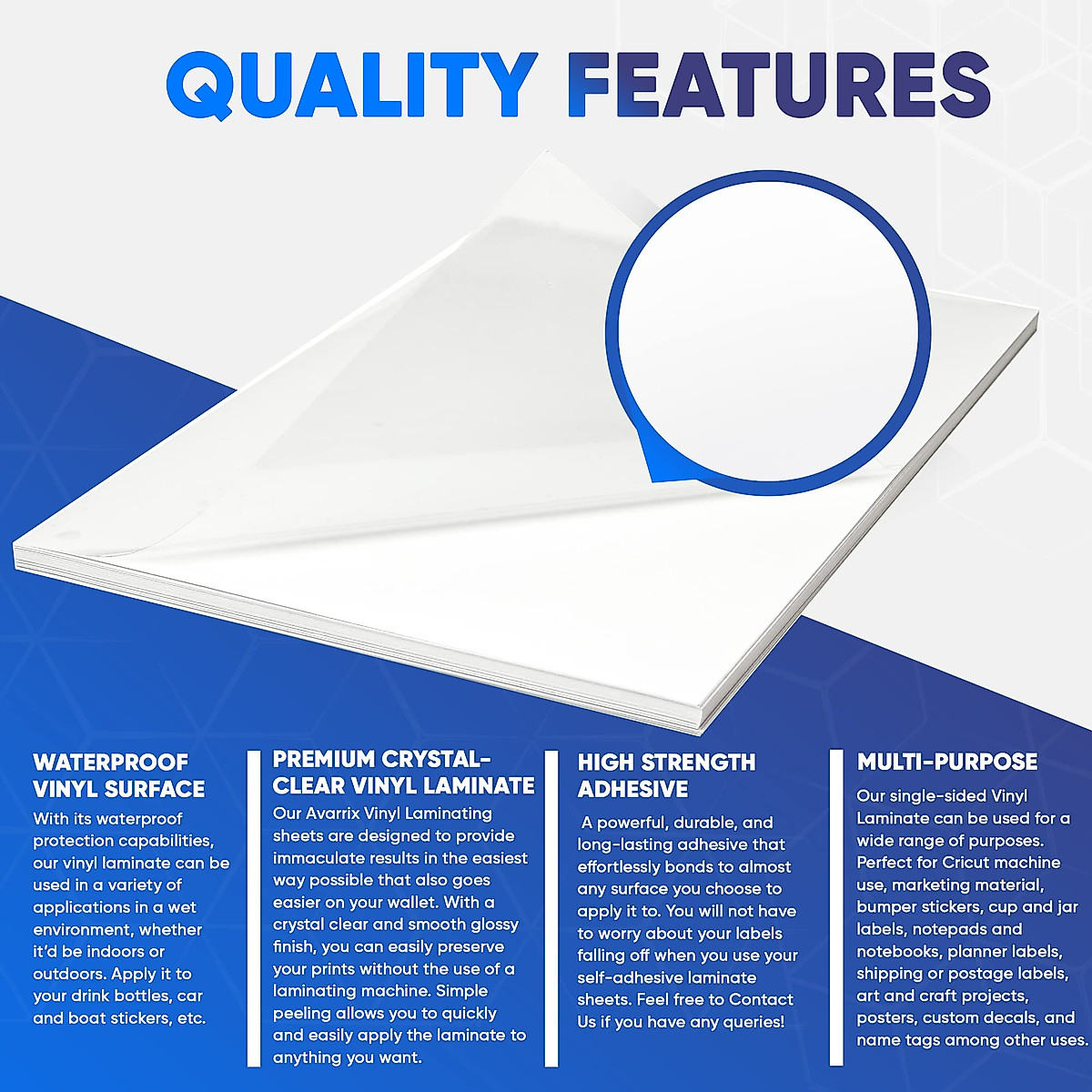 Avarrix Australia Self Adhesive Laminate Sheets for Stickers, Waterproof Label Stickers, Protection for Printable Vinyl Stickers, Glossy, Tear Resistant, Ultra Strong Bond, Pack of 50, A4 Size