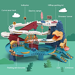 CUTE STONE Race Track Playset with 4 Mini Cars, 4 Dino Pull Back Cars, Dinosaur Figures, Educational Toy Vehicle Playset for 3-5 Year Old Kids