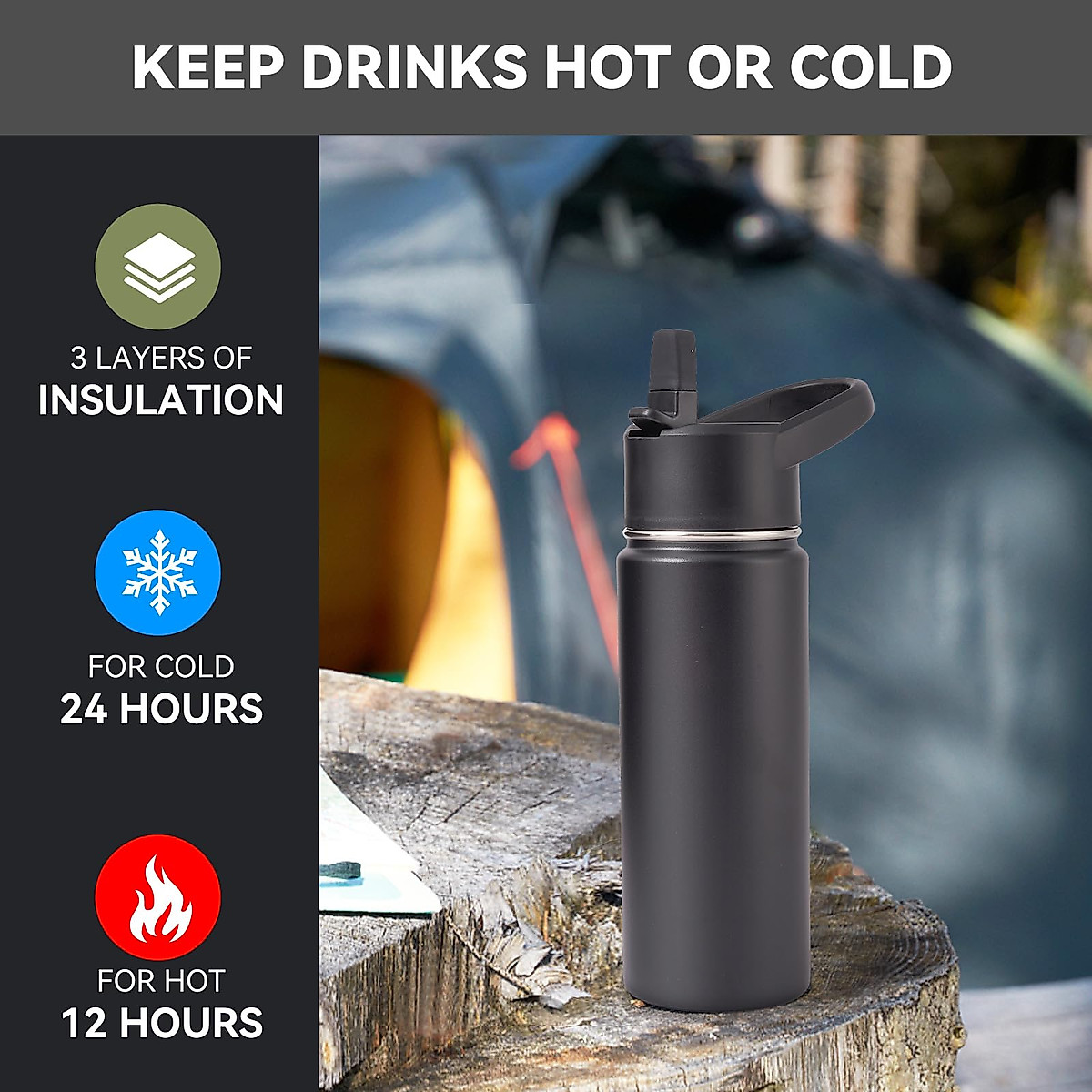 Kerilyn 18 oz Insulated Water Bottle With Straw, Stainless Steel, Vacuum Double Walled Leak Proof Sports Water Cups Flask with 2 Lids (Straw, Spout), Sweat-Proof BPA-Free, Black