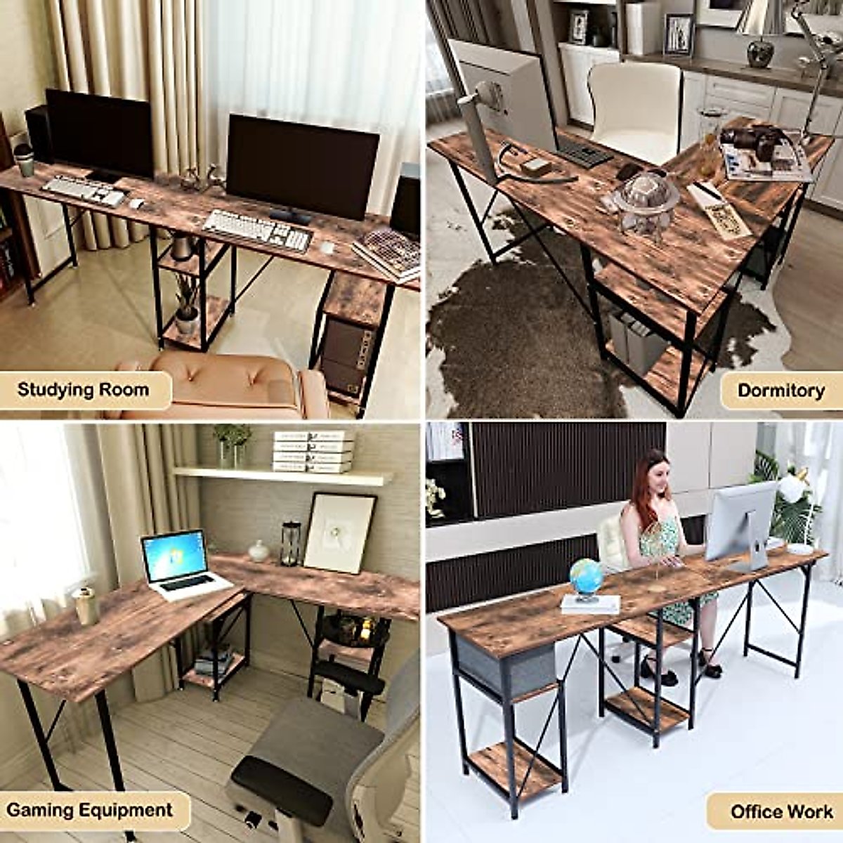 DLIUZ L Shaped Desk with Drawers，Computer Desk is Reversible Corner Large Gaming pc Table with USB Charging Port and Power Outlet,Long Writing Study Table with Shelve Suitable for 2 People Working