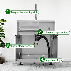 Portable Stainless Steel Sink Station, 32 Inch Single Bowl Kitchen Sink Cabinet, Freestanding Commercial Restaurant Bar Sink with Faucet, Mobile Sink with Hose Hook Up, Bottle Opener and Storage Tray