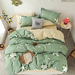 NTjinli Green Duvet Cover Queen Size-Chrysanthemum Queen Duvet Cover Set,100% Washed Microfiber Queen Comforter Set,1 Flower Duvet Cover 90x90 Inches with Zipper Closure and 2 Pillow Shams (King)