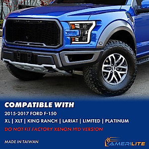 AmeriLite LED Tube Parking Light Bar Dual Quad Halogen Projector Replacement Headlights Set For 2015-2017 Ford F150 Pickup - Driver and Passenger Side, Vehicle Light Assembly, Black Multi