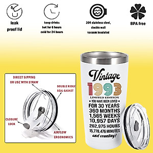 Jettryran 30th Birthday Gifts for Women Men 30 Years Old Gifts- 20 oz Double-sided Vintage 1993 Time with Information Tumbler Cup（white） Turning 30- TW001