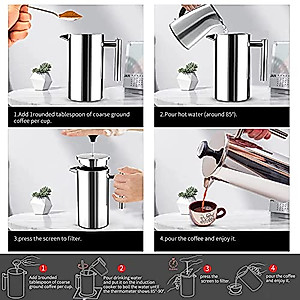 BAERFO French Press Coffee Maker, 304 Grade Stainless Steel Insulated Coffee Press with 2 Extra Screens with 1 Thermometer, 34oz (1 Litre), Silver
