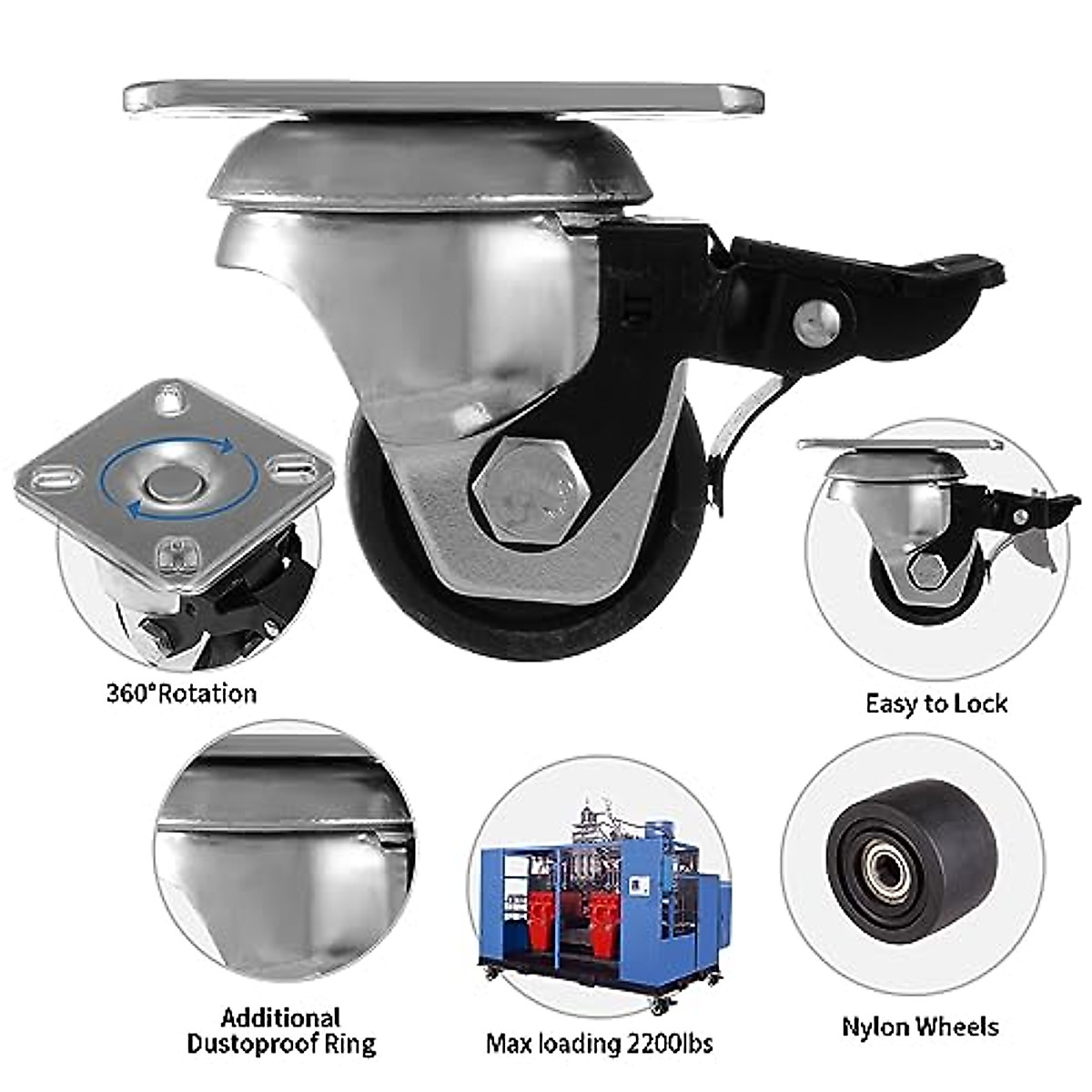 2 Inch Casters Wheels, Heavy Duty Casters Set of 4, Low Gravity Center Industrial Grade Casters with Brake 2200 LBS, No Noise Locking Plate Swivel Casters, Durable Nylon Wheels for Machine, Equipment