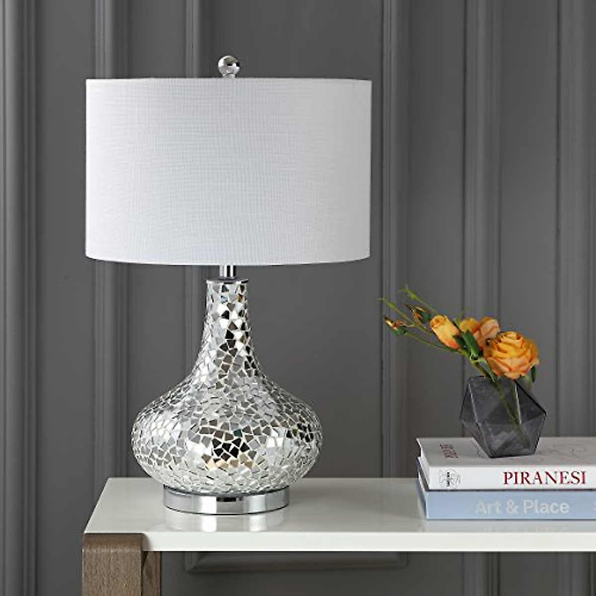 JONATHAN Y JYL1056A Emilia 26" Mirrored Mosaic LED Table Lamp Contemporary Glam Bedside Desk Nightstand Lamp for Bedroom Living Room Office College Bookcase LED Bulb Included, Silver