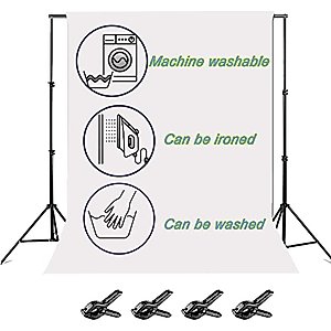 Backdrop Stand with White Backdrop，White Backdrop Stand，White Photo Backdrop with Stand， ​ Polyester White Cloth 6x9 feet Adjustable 8.5x10 Photography Stand 4 Clips