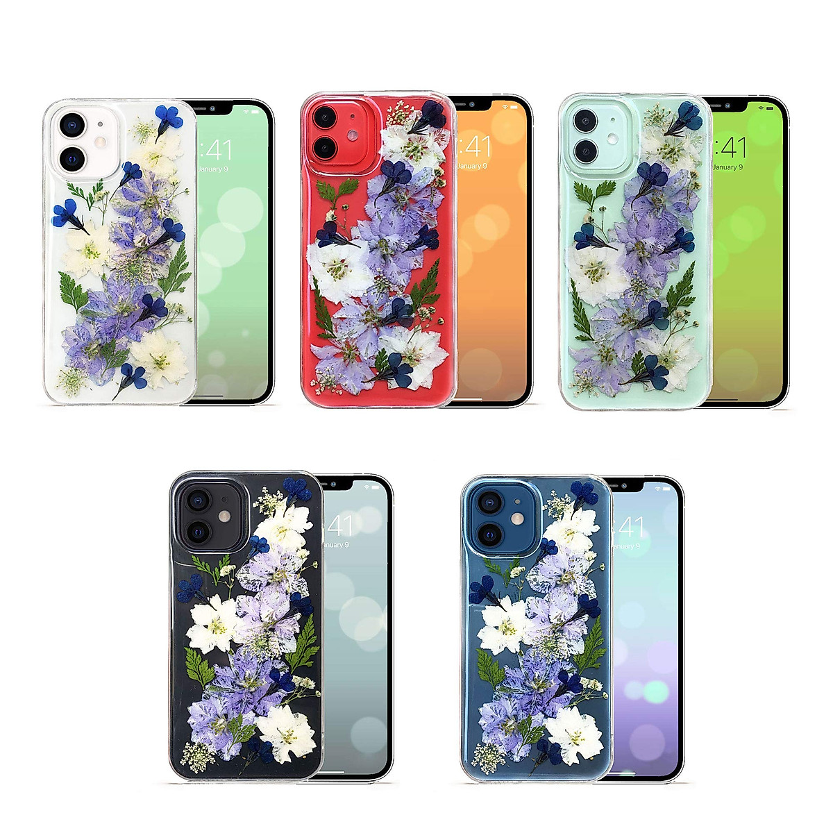 Abbery Designed for iPhone 12 Mini Case Pressed Flower Cute Clear with Design Soft Silicon TPU Rubber Dired Real Flroal Girl Woman Aesthetic Case for iPhone 12 Mini (Navy Flower)