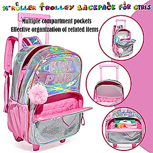 Egchescebo Kids Love Rolling Roller Backpack for Girls Girl Childrens Kid Suitcases Luggage Lunch Box with Wheels School Bags 16“ 3Pcs Kids Wheeled Backpack Pink Bright Trolley