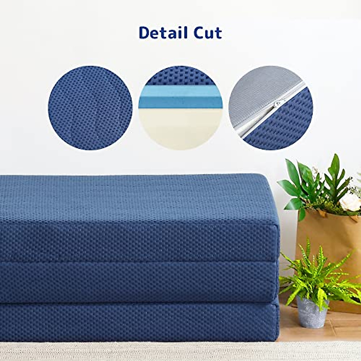 Olee Sleep Tri-Folding Memory Foam Mattress Topper, 4 Inch Gel Folding Mattress for Camping, Foldable Guest Bed, CertiPUR-US Certified, Soft, Blue, Twin Size