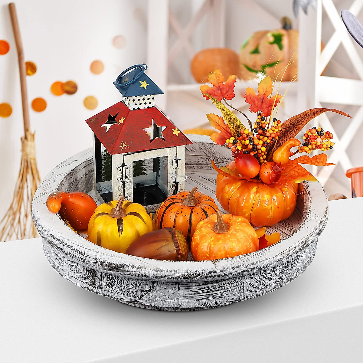 PUERSI Farmhouse Wood Lazy Susan for Table, Christmas Centerpiece for Dining Room Table, Rustic Decorative Wooden Round Turntable - 13 Inch, White