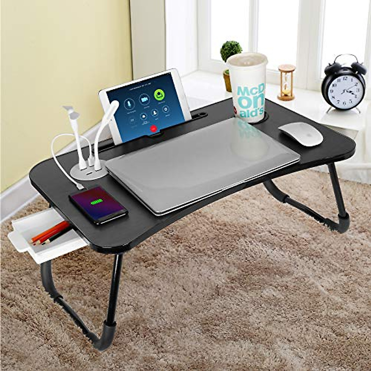 Laptop Desk, Astoryou Portable Laptop Bed Tray Table Notebook Stand Reading Holder with USB Charge Port/Cup Holder/Storage Drawer for Working on Bed/Couch/Sofa (Black)