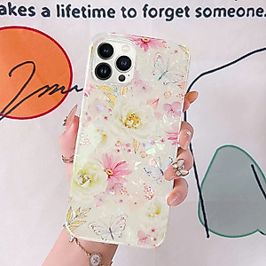 J.west iPhone 13 Pro Max Case 6.7 inch,Luxury Sparkle Glitter Soft Clear Colorful Opal Pearly Thinfoil Design Shiny Floral Print Silicone Cover for Women Girls Slim TPU Protective Phone Case