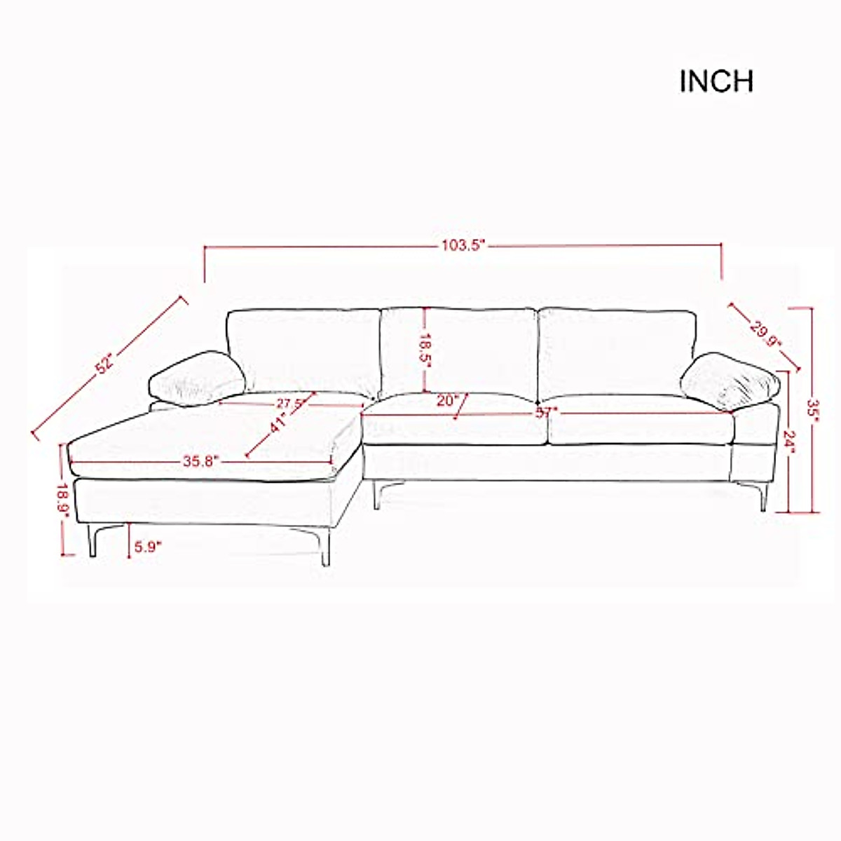 BENDIC Modern Velvet Fabric, L-Shape Couch with Extra Wide Chaise Lounge and Removable Cushions, Sectional Sofa for Living Room, Left Hand Facing,Up to 3 Seating Capacity,Black