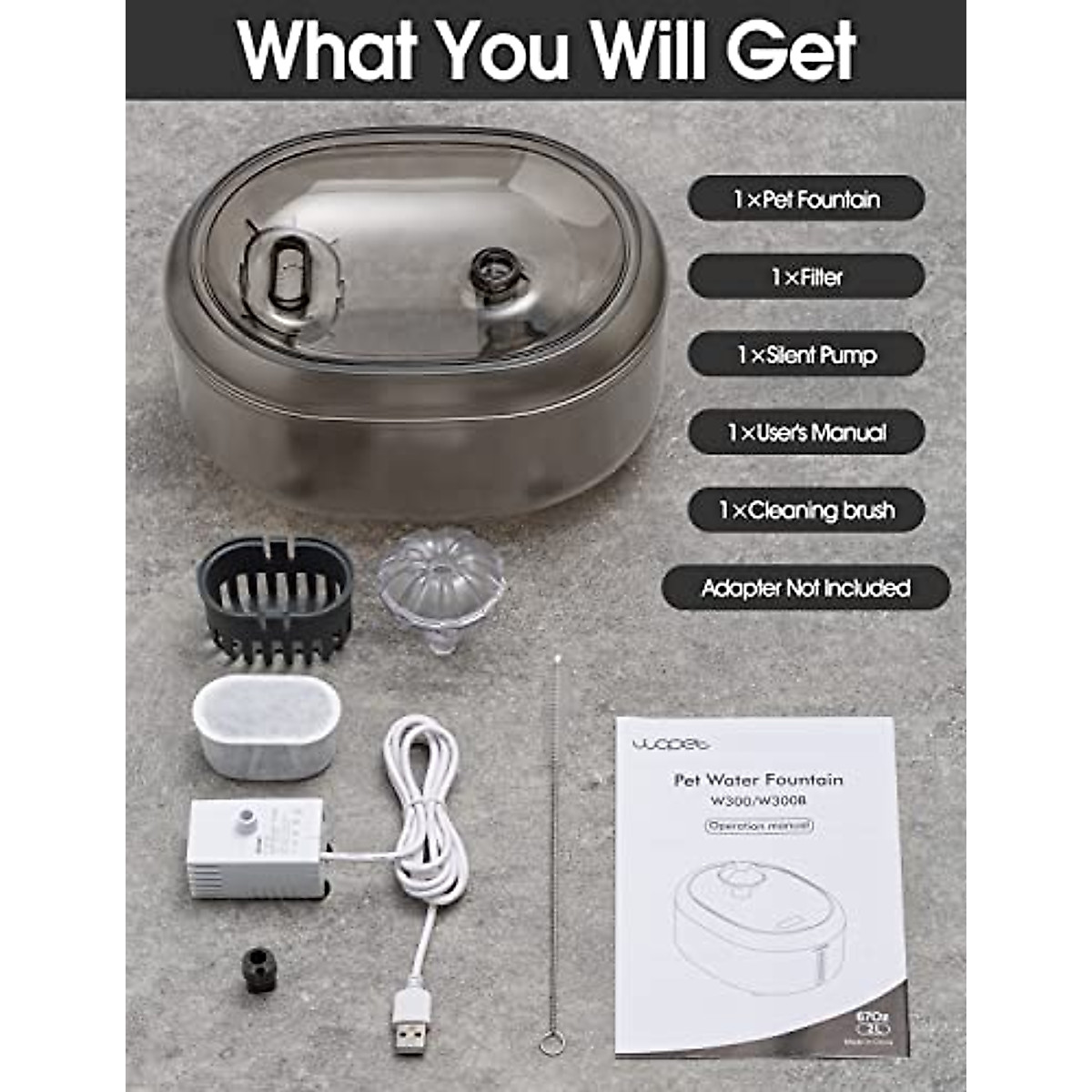 WOPET Cat Water Fountain, 67oz/2L Automatic Cat Water Dispenser Pet Water Fountain, W300 Silent Pet Waterfall Drinking Fountain with 1 Replacement Filter for Cats, Dog, Small Pets Without Light, Gray