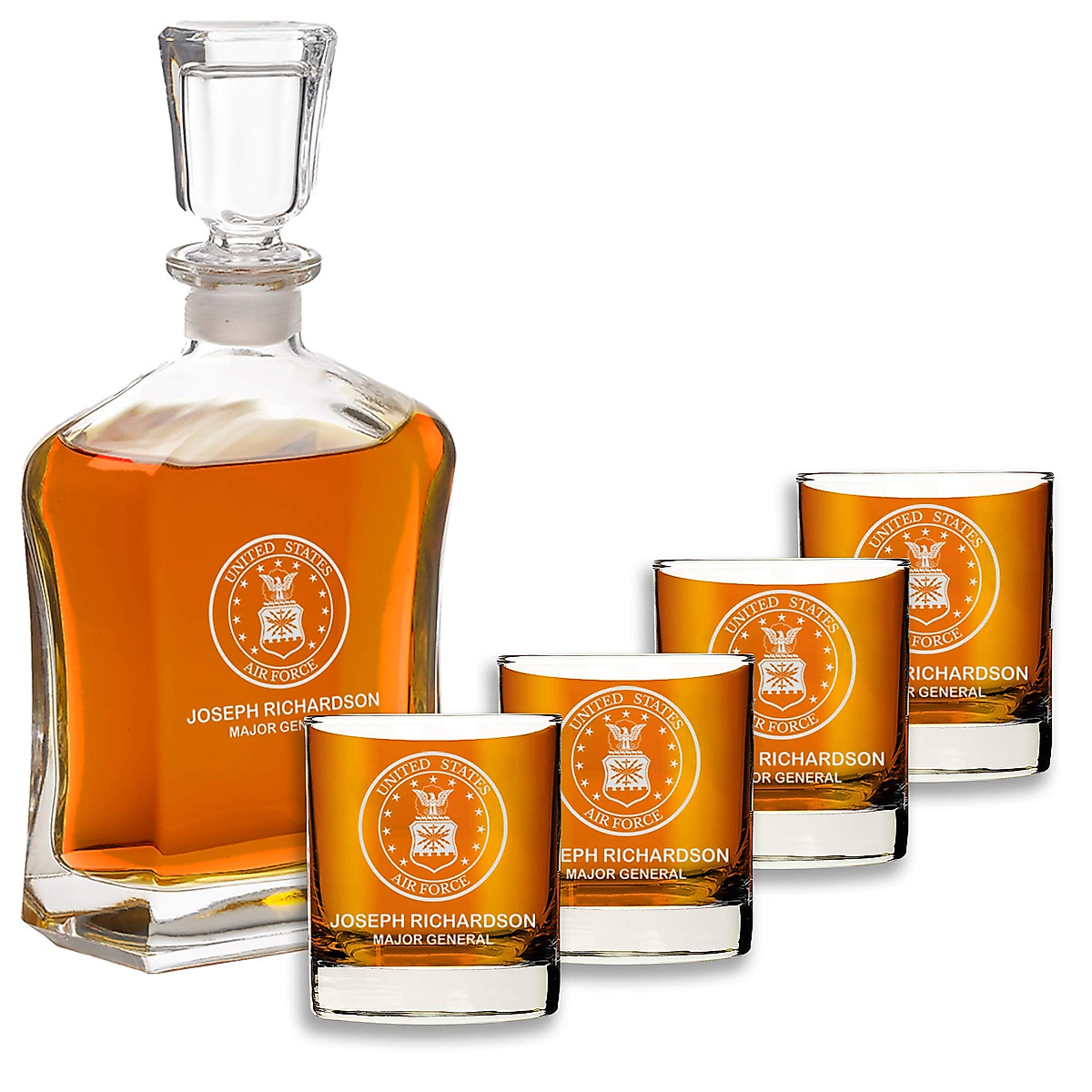 Personalized Whiskey Decanter Sets - For Military, Army, Navy, Air Force, Coast Guard, Marine - Active, Retired - Gift for Husband, Dad, Son - Custom Engraved Name, Rank, Date