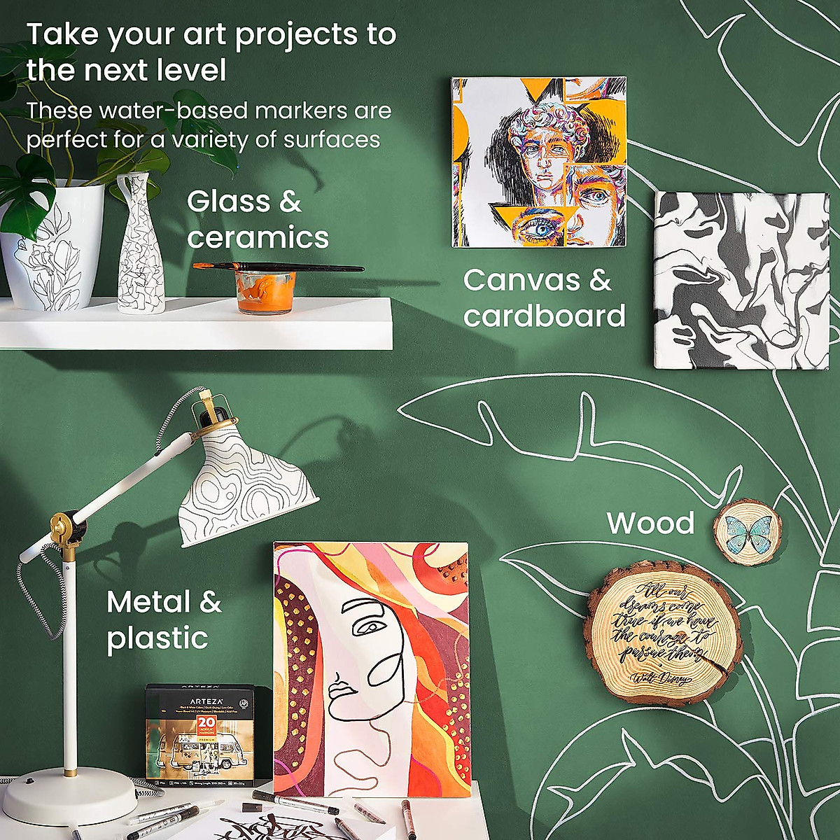 ARTEZA Acrylic Paint Markers, Set of 20 Black & White Acrylic Paint Pens, Art Markers for Glass, Pottery, Ceramic, Plastic, Rocks, and Canvas