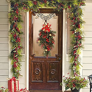 Sempoda Artificial Christmas Teardrop Swag, 21.7in Christmas Wreath with Bow & Red Berries & Xmas Ball, Winter Hanging Pine Leaves Garland for Home Party Wall Window Holiday Wedding Door Decor
