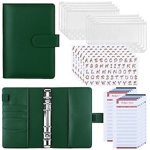 Antner A6 Budget Binder with Cash Envelopes, 8PCS Binder Pockets, 12PCS Expense Budget Sheets, A6 6-Ring Money Saving Binder Planner Organizer with Letter Stickers for Cash Budgeting, Dark Green