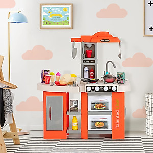 Costzon Kids Kitchen Playset, 67PCS Pretend Chef Play Food Toy Set with Play Sink, Realistic Lights Sounds Steam Spray Simulation, Indoor Cooking Play Kitchen for Toddlers (Orange)