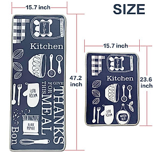 LEEBEI Kitchen Rugs Non Slip Washable Navy-Blue Color Floor Mats for Kitchen Bedroom Rugs Set Area Carpets (15.7×23.6 inch+15.7×47.2 inch,Kitchen-Meal)