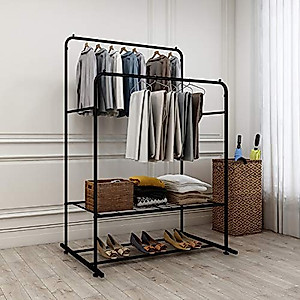 Ustamio Clothes Rack with Double Rods & Double Bottom Shelves, Simple Houseware Metal Portable Clothing Hanging Garment Rack 43.3'' Inches for hanging dresses, suits and shirts, Chrome (Black)