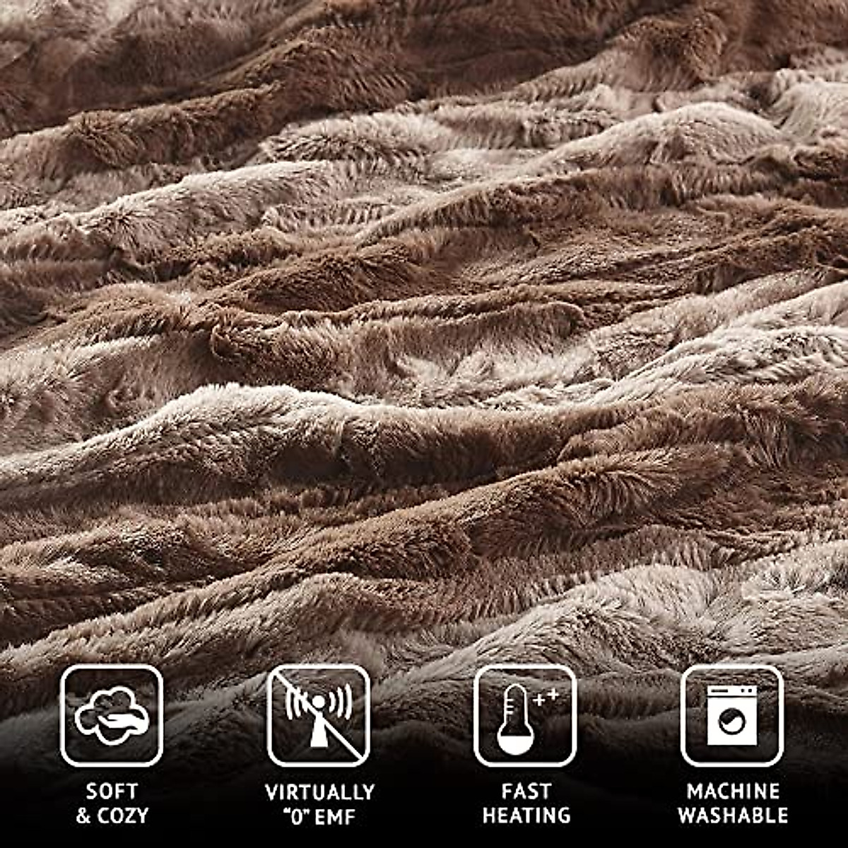 Beautyrest Zuri Reversible Faux Fur to Mink Electric Blanket, Auto Shut Off, Virtually Zero EMF, Multi Heat Setting, UL Certified, Machine Washable, Tan Tip Dye Throw 50x70"